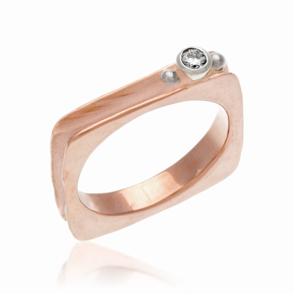 Square 14k pink gold square stack with 8 pt diamond set in 14k white g ...